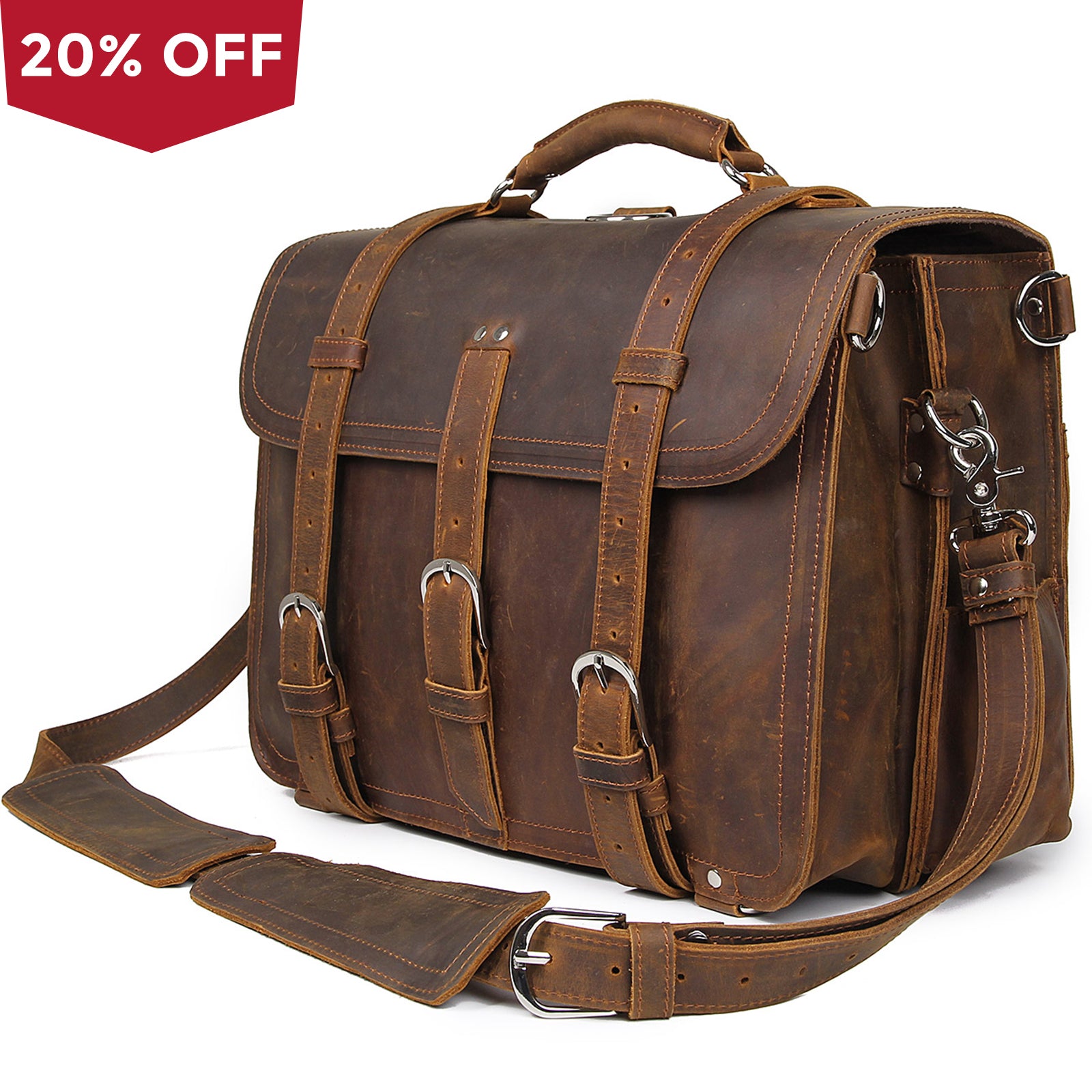 Polare Thick Full Grain Leather 16'' Briefcase Shoulder Messenger Bag