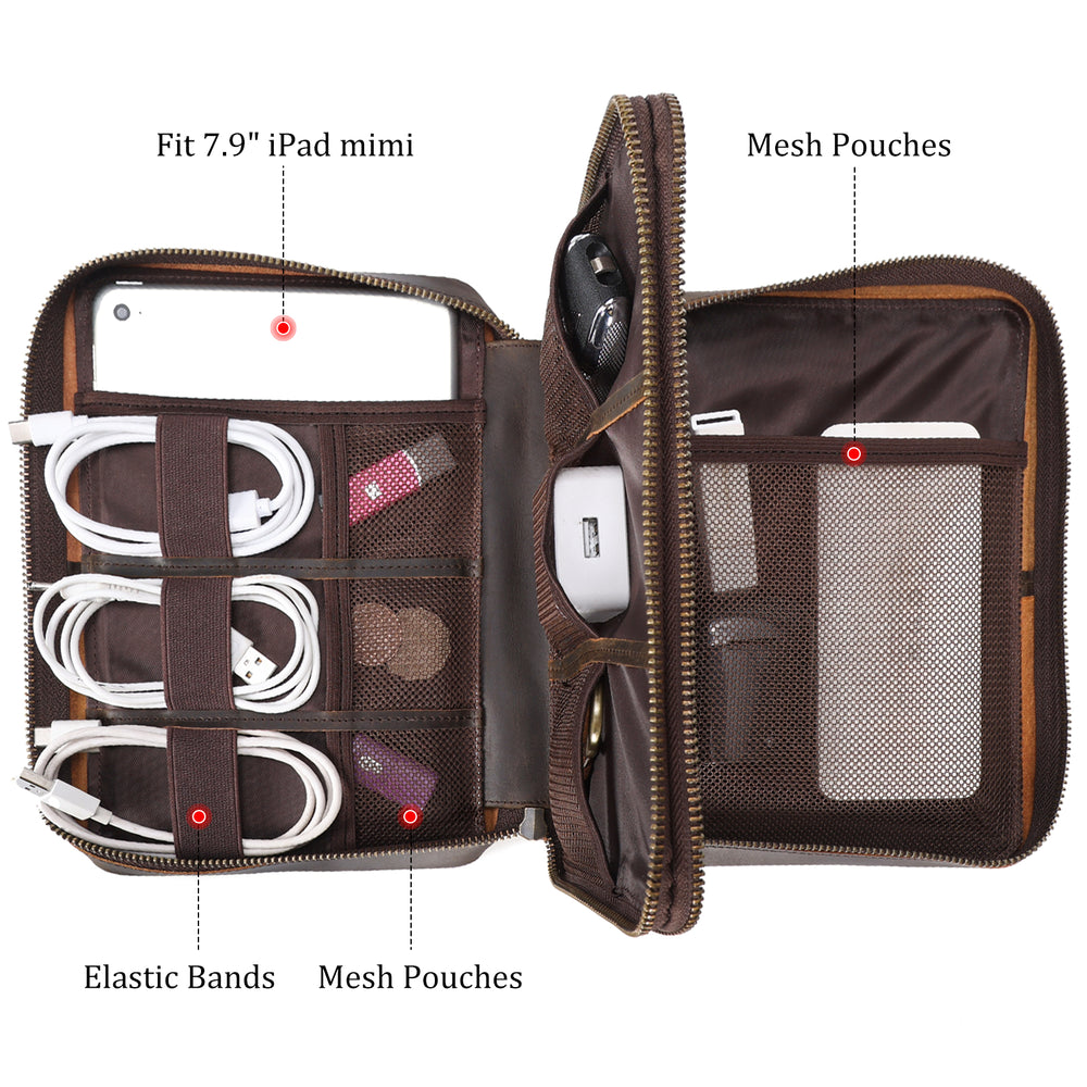 Polare Full Grain Leather Travel Cable Organizer Case Electronics Acce