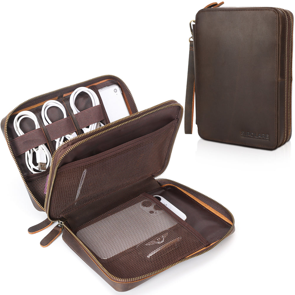 Polare Full Grain Leather Travel Cable Organizer Case Electronics Acce